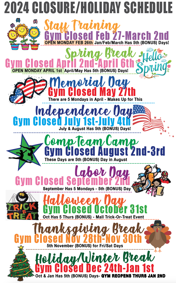 KT's All Star Gymnastics - CLOSURE DATES